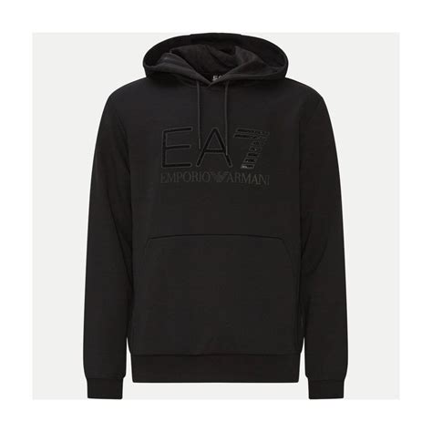 Emporio Armani Ea7 Cotton Sequin Logo Pullover Hooded Black Sweatshirt