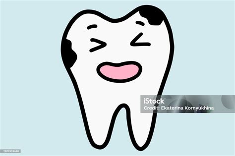 충치와 귀여운 만화 치아 손으로 그린 라인 아트 낙서 벡터 일러스트는 흰색 배경에 격리 구강 치과에 대한 배려의 개념 건강관리와