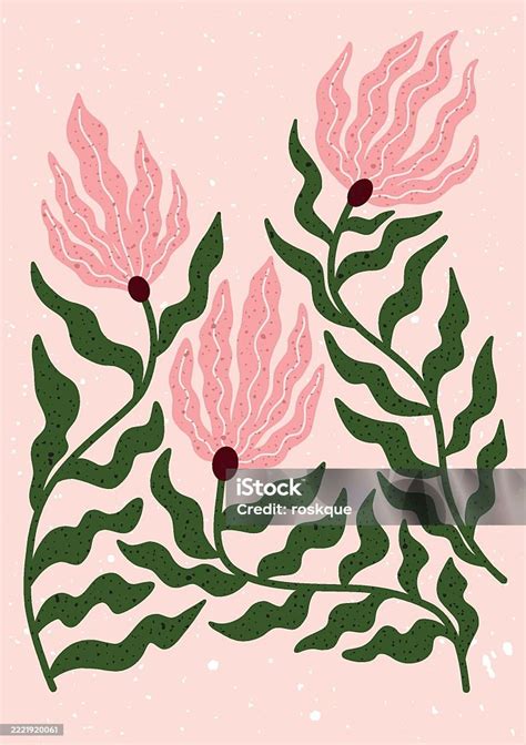 대담한 분홍색 꽃잎과 물결 모양의 녹색 잎이 있는 손으로 그린 꽃 그림 부드러운 파스텔 배경에 장난기 넘치는 점선 질감과 기발한 식물 형태 모던한 프린트 벽 장식에