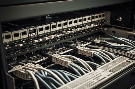 Network Switch And Ethernet Cables In Data Center Selective Focus
