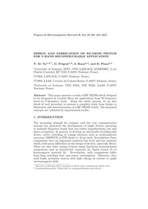 PDF Design And Fabrication Of RF MEMS Switch For V Band Reconfigurable Application