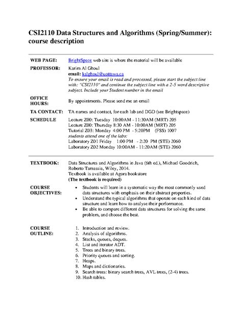 Csi 2110 Summer 2023 Syllabus Csi2110 Data Structures And Algorithms