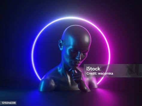 3d 렌더링 인간의 신체 부위와 추상 네온 배경 여성 마네킹 조각 머리 얼굴 손 빛나는 빛 반지 사회적 문제 개인 식별 비판적 사고 명상 혼자 머리에 대한 스톡 사진 및