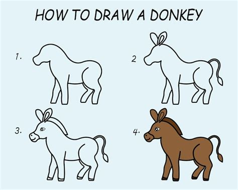 단계별로 당나귀를 그립니다 드로잉 튜토리얼 당나귀 어린이를 위한 그림 수업 프리미엄 벡터