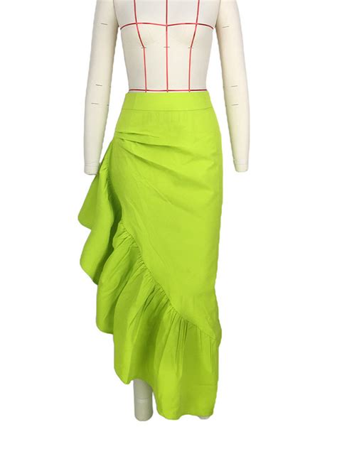 Badu Bg Неоново зелена пола с каскадни волани с асиметричен подгъв за жени Еластична висока