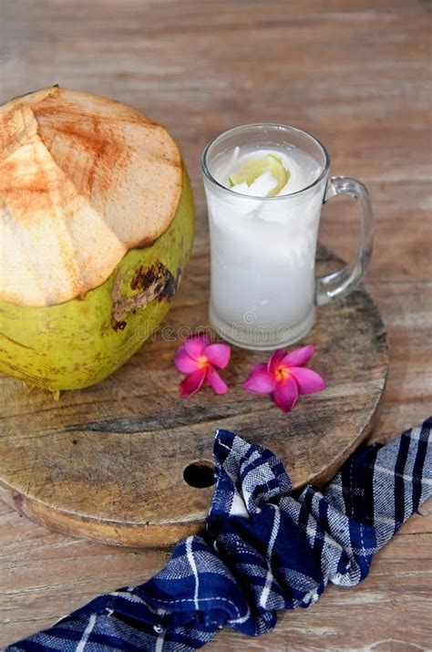 Young Coconut Drink Mix With Basil Seedsserved On The Glassplace On