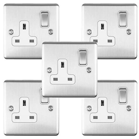 5 Pack 1 Gang Single Uk Plug Socket Satin Steel 13a Switched White Trim