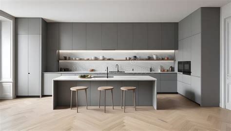 A Three Dimensional Depiction Of A Grey Cabinetry White Marble Countertop And Wood Herringbone