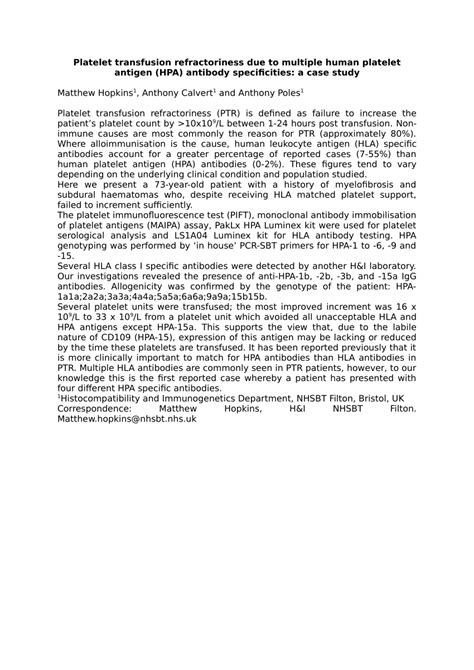 Pdf Platelet Transfusion Refractoriness Due To Multiple Human