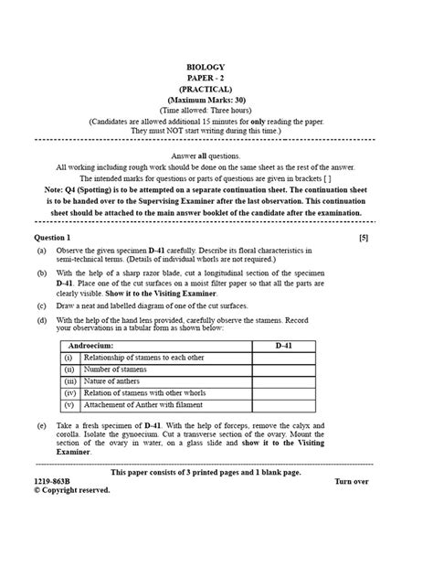 Isc Class 12 Biology Paper 2 Practical Question Paper 2024 Mock