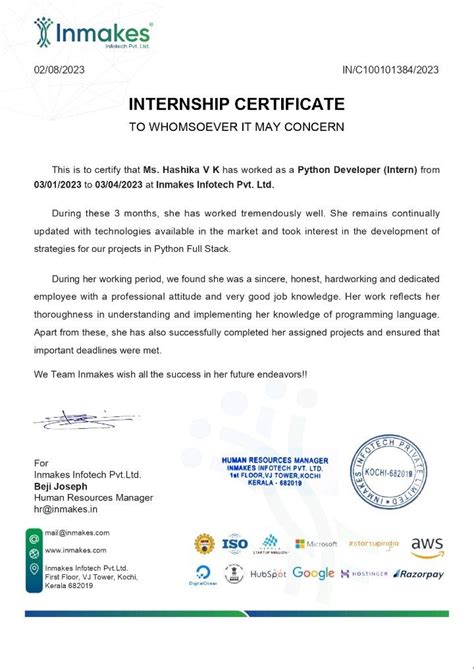 Hashika V K On Linkedin Softwaredevelopment Pythonfullstack Internshipcompletion Gratitude