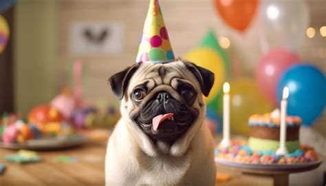 Cachorro De Pug Con Sombrero De Cumpleaños Celebrando Su Cumpleaños