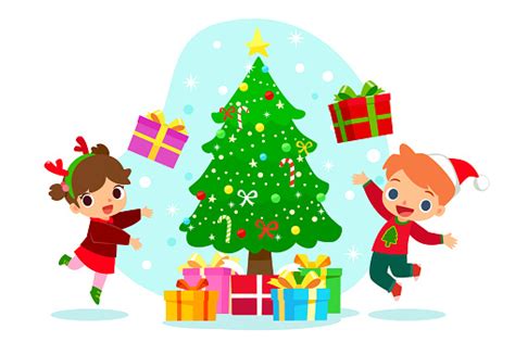 크리스마스 의상 선물 상자와 크리스마스 트리로 축하하는 아이들 12월에 대한 스톡 벡터 아트 및 기타 이미지 12월 겨울 계절 Istock