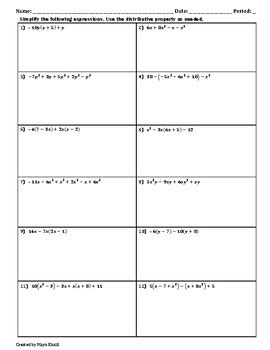Distributive Property And Combining Like Terms Worksheet By Maya Khalil