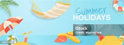 여름 방학 가로 웹 배너입니다 바다 해변 해먹 야자수 우산 공 칵테일 모자 열대 섬 휴가 헤더 웹 사이트에 대 한 벡터 그림