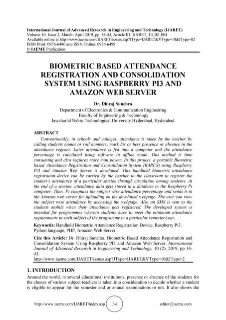 Biometric Based Attendance Registration And Consolidation System Using Raspberry Pi3 And Amazon