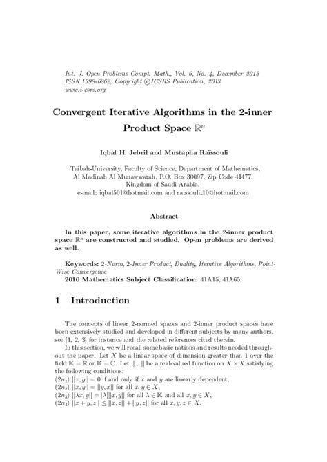 Pdf Convergent Iterative Algorithms In The 2 Inner Product Space Rn Iqbal Jebril