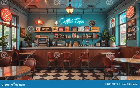 Retro Coffee Shop Interior Design Vintage Vibes And Teal Walls Stock