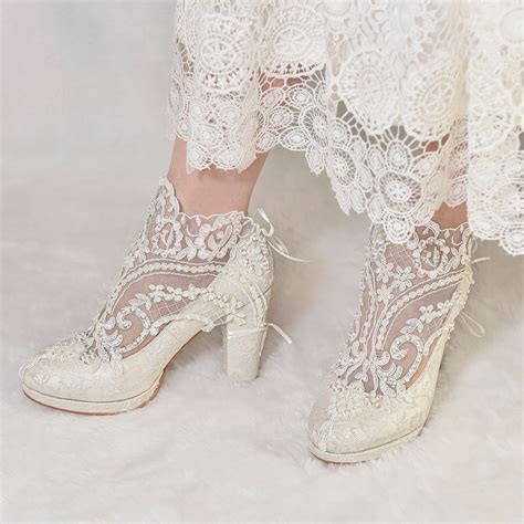Boho Lace Bridal Boots With Block Heels Ivory Lace Wedding Shoes Etsy