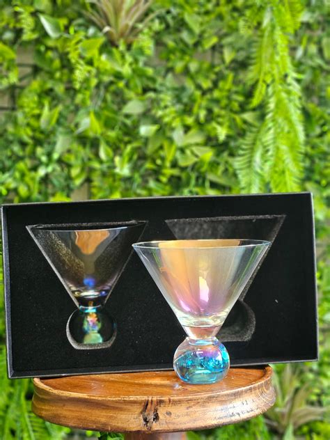 Iridescent Stemless Martini Glasses Freckles Flowers