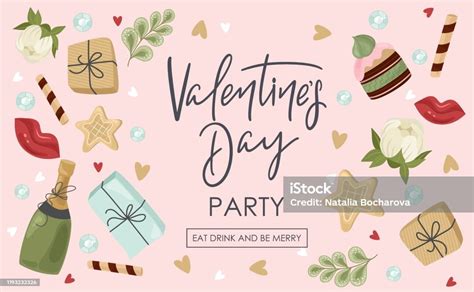 꽃 과자 가지 낭만적 인 요소와 필기 텍스트와 발렌타인 데이 파티 인사말 카드 벡터 그림입니다 초대 인사 인사말 포스터에 대한 템플릿입니다 꽃 나무에 대한 스톡 벡터 아트