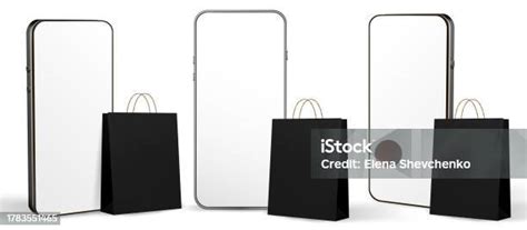 3d 온라인 쇼핑 벡터 일러스트 레이 션 온라인 쇼핑 템플릿 스마트 폰 응용 프로그램을위한 모바일 스마트 폰이 있는 선물 가게 가방 똑똑한 사업 마케팅 개념 3차원 인쇄에
