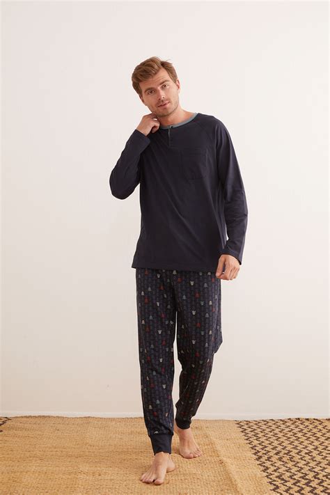Erkek Pamuklu Kısa Düğmeli Uzun Pijama Takımı 25343 Lacivert Rahat Ve Şık Haysshop