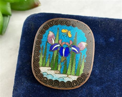 Antique Japanese Ginbari Enamel Iris And Butterfly Brooch Repurposed