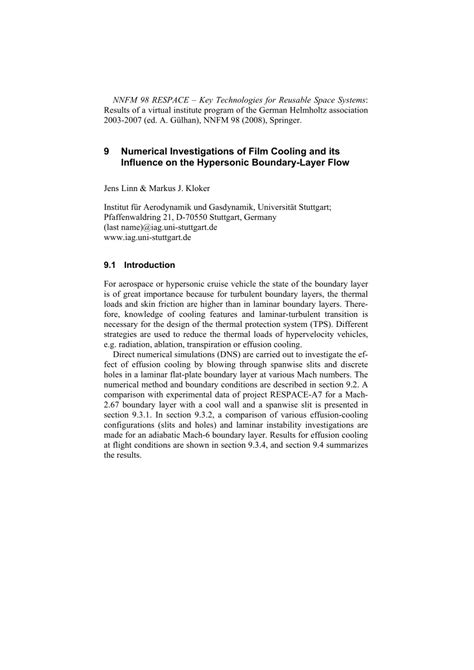 Pdf Numerical Investigations Of Film Cooling And Its Influence On The Hypersonic Boundary