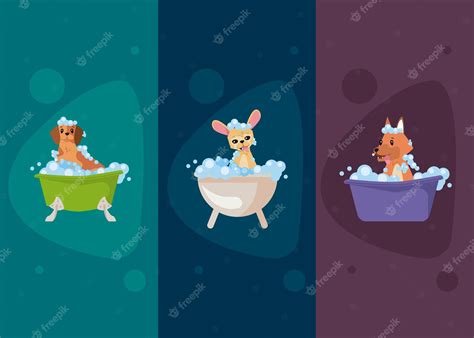 Conjunto De Iconos De Baño De Dibujos Animados De Perros Vector Premium