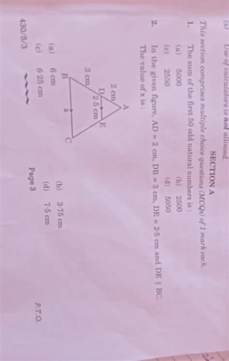 in the given figure ad 2 cm db 3 cm de 2⋅5 cm and de∥bc the value of x