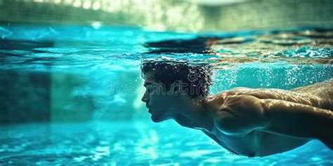 A Man Swims In A Pool With Multiple Cameras Attached Stock Illustration