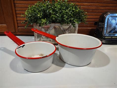 Vintage Enamelware Nesting Pots Set Of 2 With White And Red Rims And
