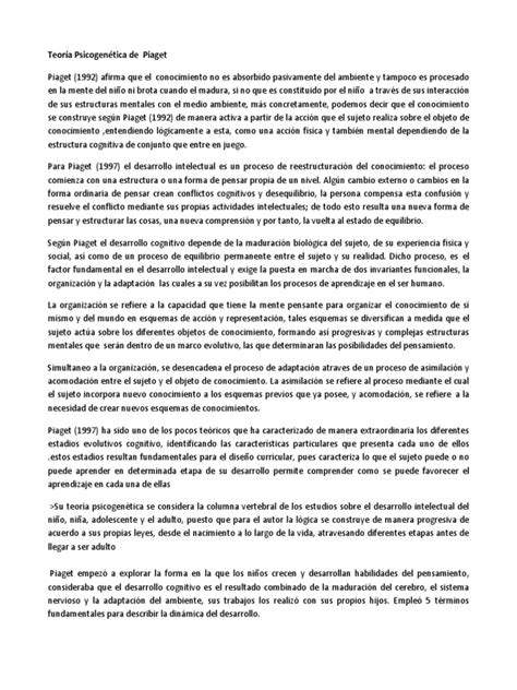 Teoría Psicogenética De Jean Piaget Pdf Desarrollo Cognitivo