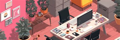 Isometric Office Space Featuring Personal Branding Elements And Modern Workspace Design Stock