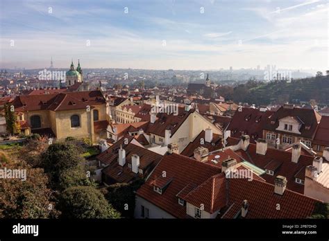Panorama Of Prague Capital City Czech Republic In Morning Fog With