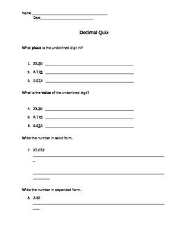 Decimal Quiz By Anything You Need TPT
