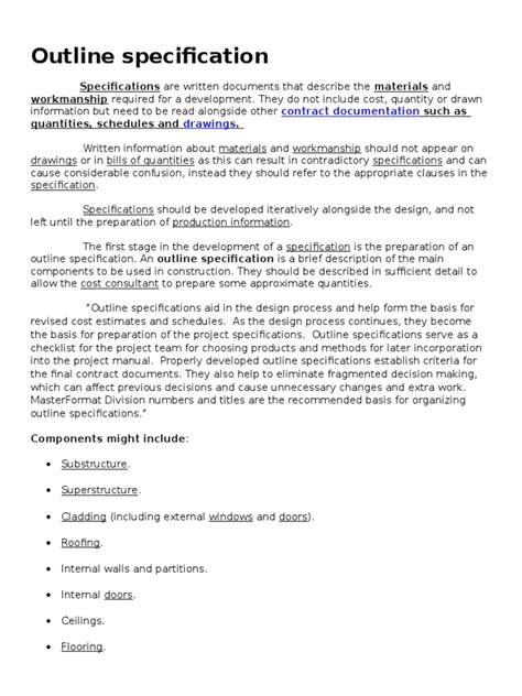 Outline Specification Specification Technical Standard Roof