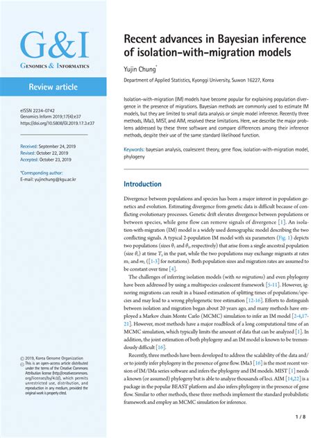 Pdf Recent Advances In Bayesian Inference Of Isolation With Migration Models