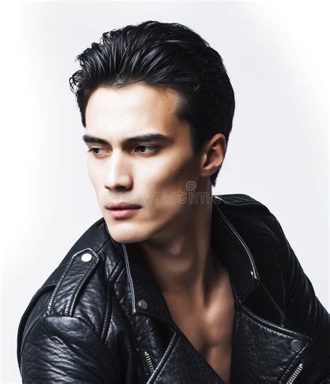 Young Handsome Man Leather Jacked On Naked Torso Emotional Posing