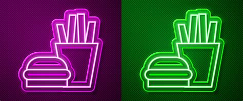 보라색과 녹색 배경에 고립 판지 패키지 상자 아이콘에 빛나는 네온 라인 버거와 감자 튀김 햄버거 치즈 버거 샌드위치 패스트 푸드 벡터 일러스트레이션 감자 요리에 대한 스톡
