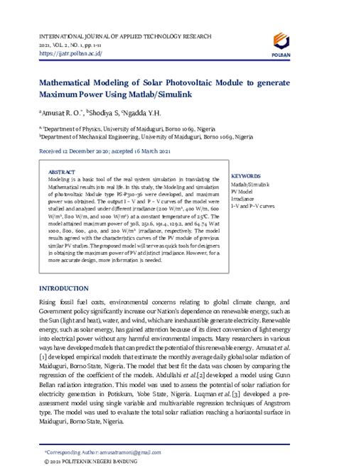 Pdf Mathematical Modeling Of Solar Photovoltaic Module To Generate