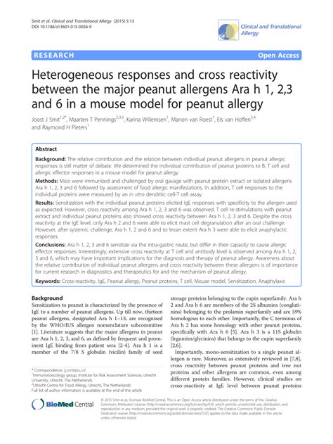 Pdf Heterogeneous Responses And Cross Reactivity Between The Major Peanut Allergens Ara H 1 2