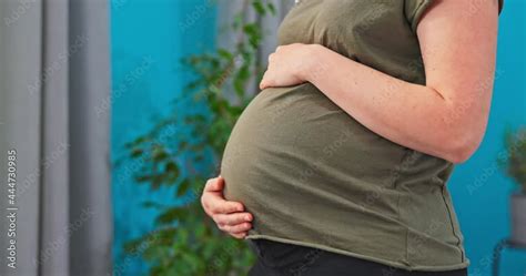 Close Up On Profile Of Standing Pregnant Woman Living Room Scenery