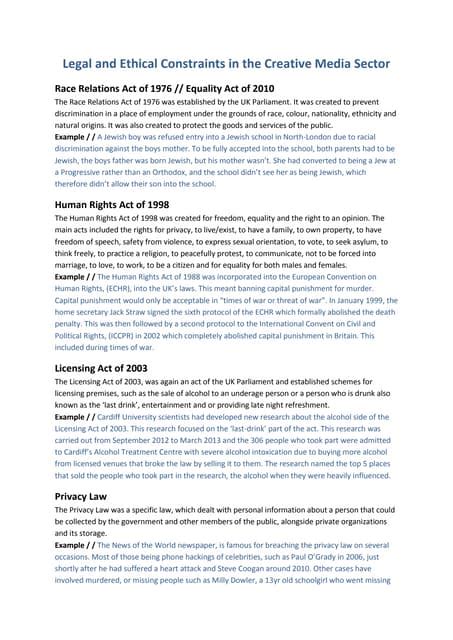 Legal And Ethical Constraints In The Creative Media Sector Docx Legal And Ethical Constraints In The Creative Media Sector Docx