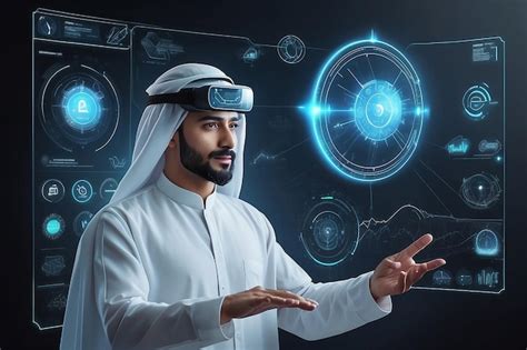 Premium Photo Arab Man Using Hologram Futuristic User Interface Concept Graphical User