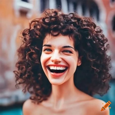 Italian Girl With Curly Black Hair Smiling And Holding A Lemon In