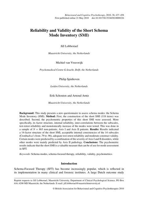 Pdf Reliability And Validity Of The Short Schema Mode Inventory Smi