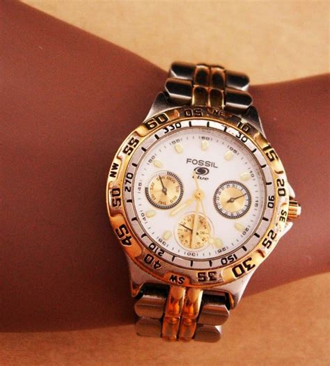 Mens Fossil Blue Chronograph Watch Silver And Gold Gem