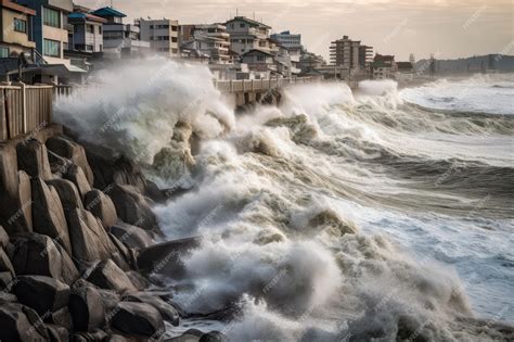 Premium Ai Image Tsunami Waves Crash Against Tall Seawall Protecting Coastal City